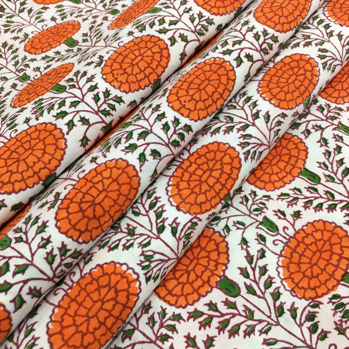 Orange Marigold Hand Block Printed Cotton Fabric Buy Online DesiCrafts